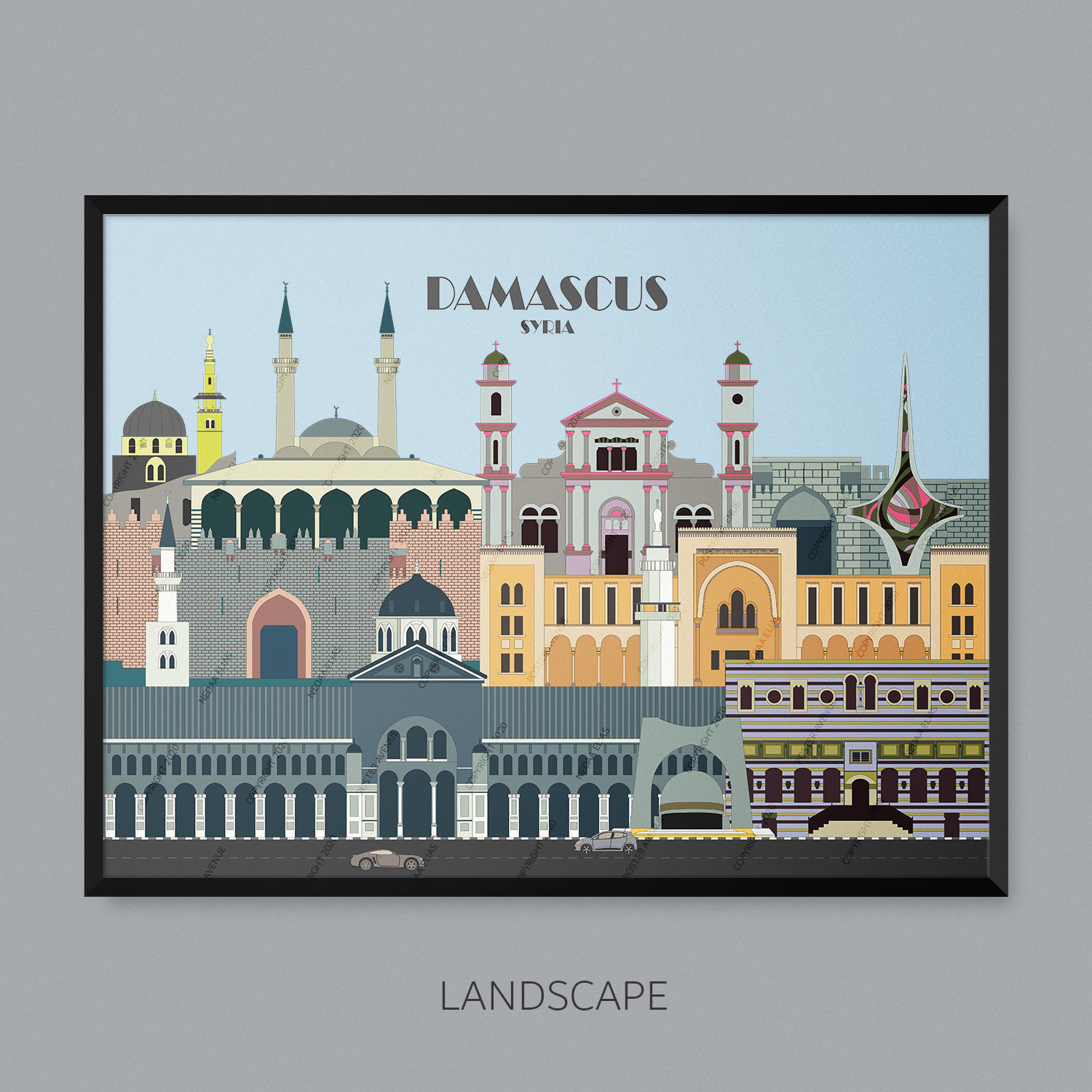 Damascus Syria Travel Poster City Print Mosque Drawing - Etsy