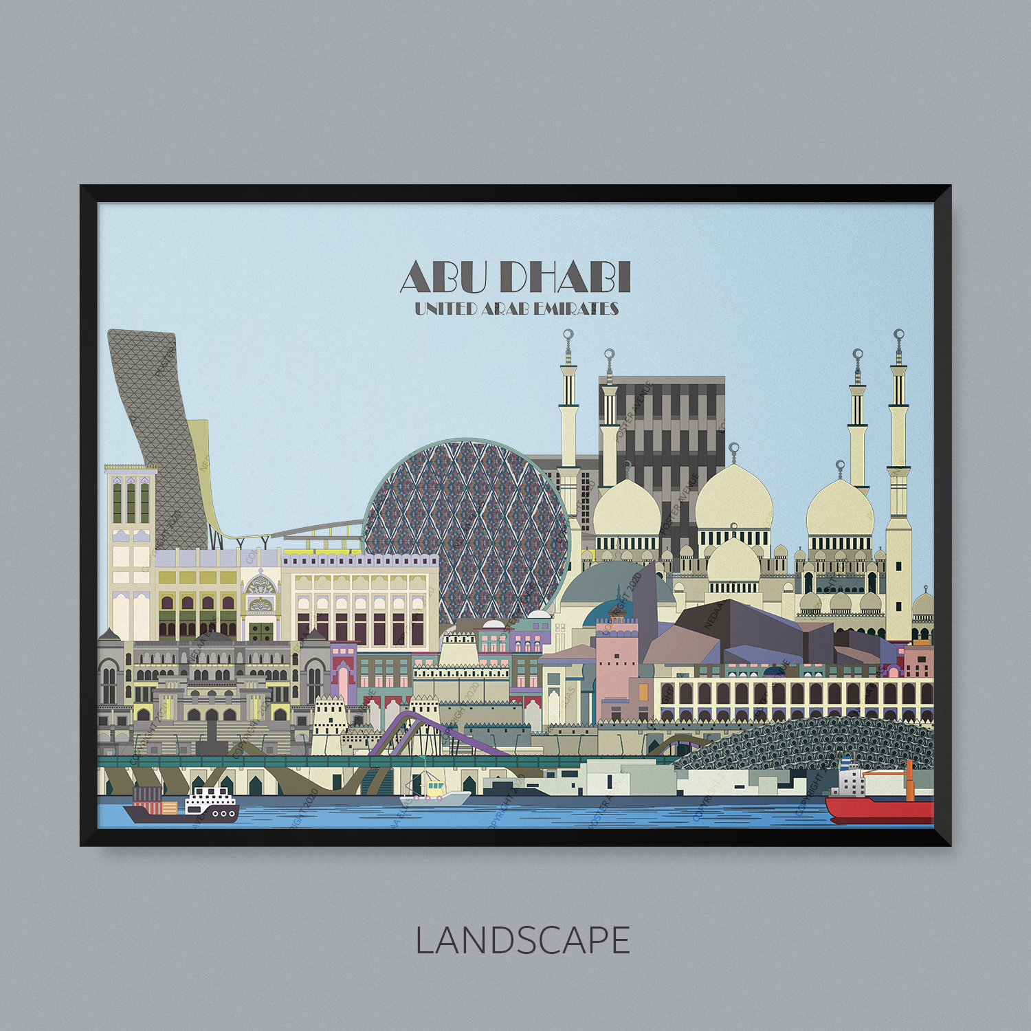 Abu Dhabi UAE Travel Poster City Print Mosque Drawing - Etsy