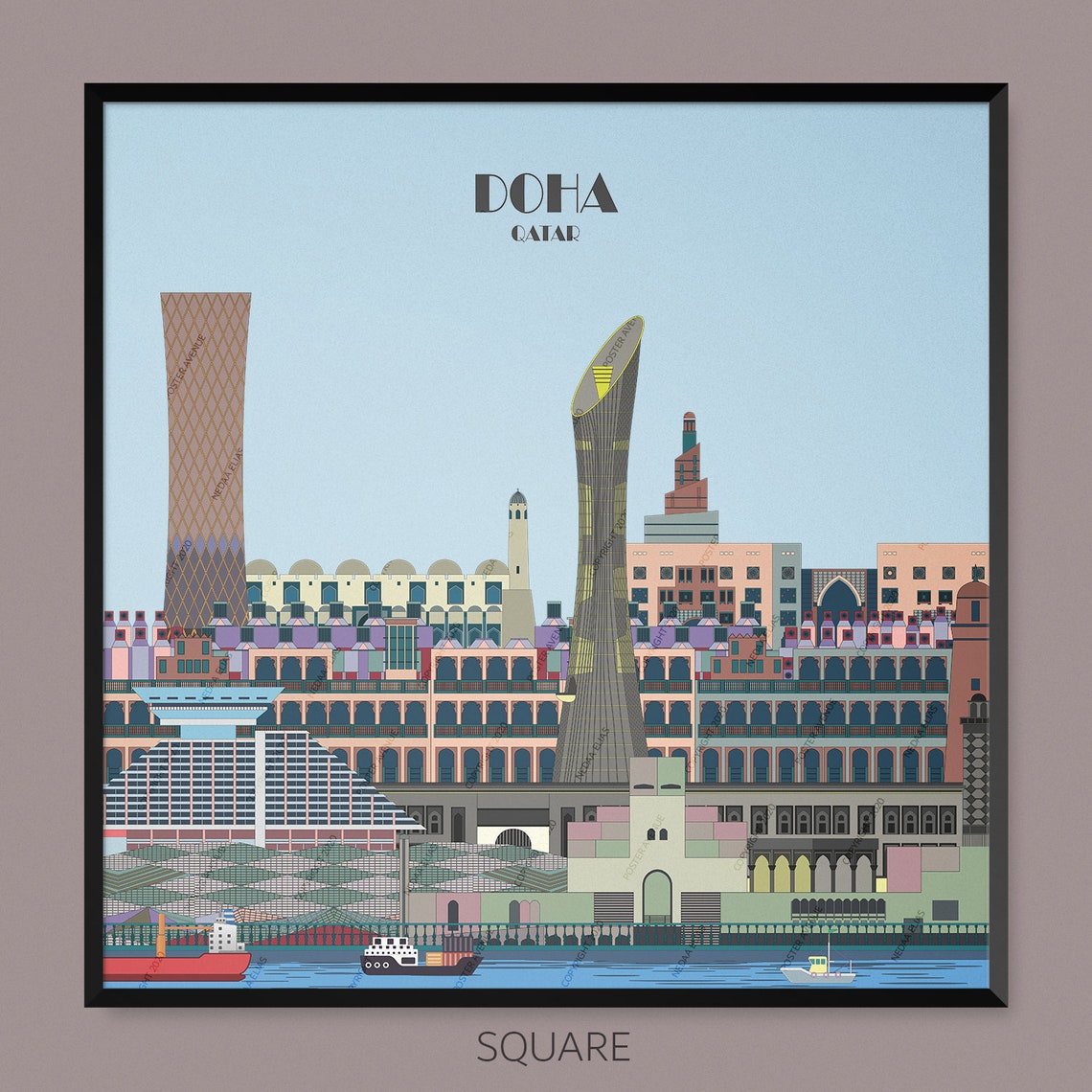 Doha Qatar Travel Poster City Print Tower Drawing Museum | Etsy