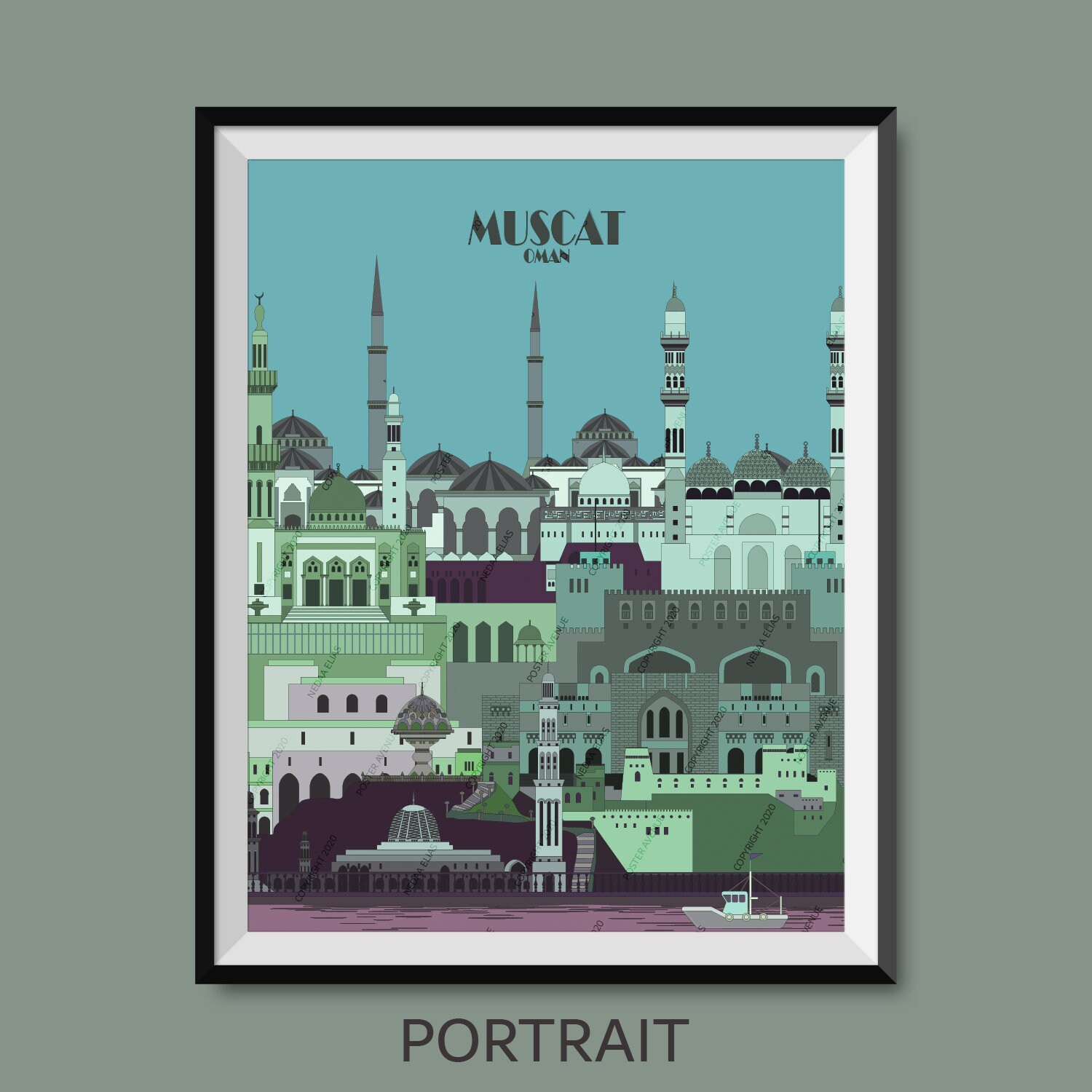 Muscat Oman Travel Poster City Print Mosque Drawing Opera | Etsy