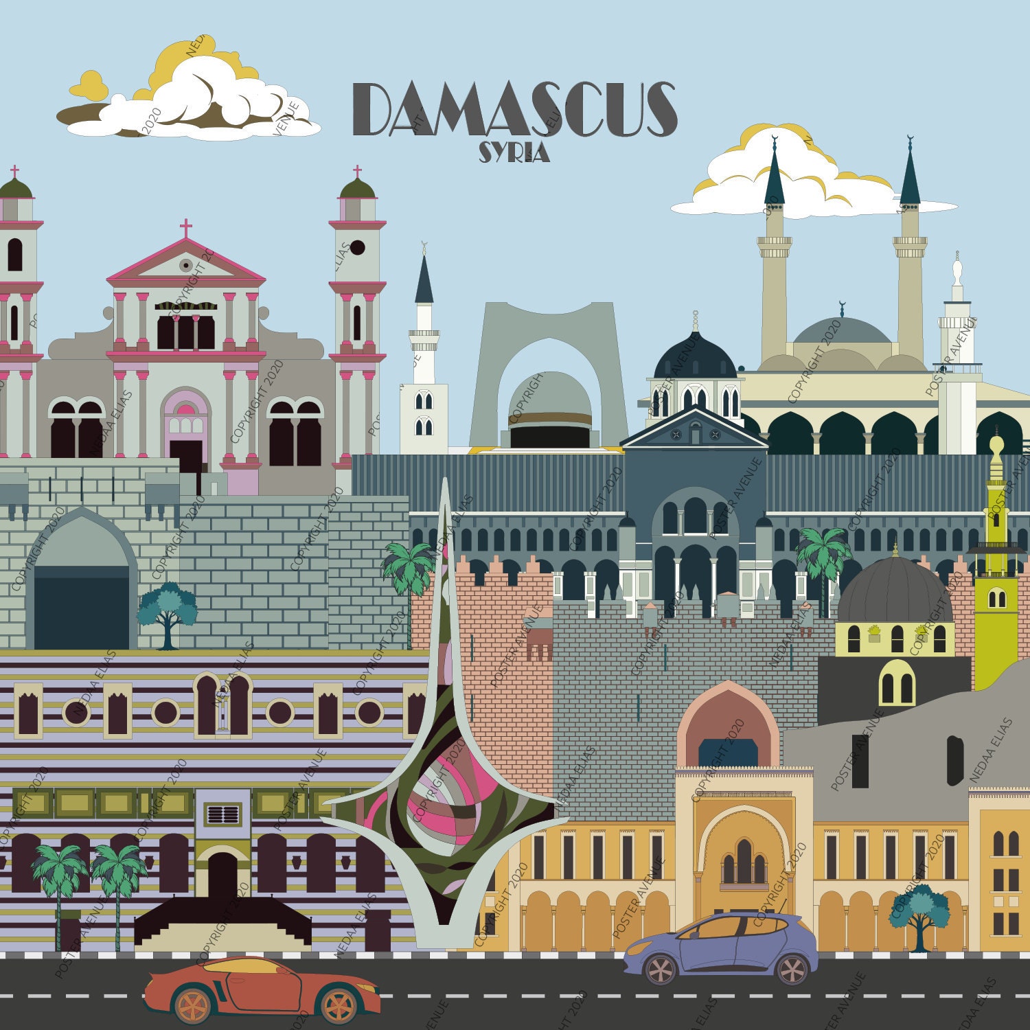 Damascus Syria Travel Poster City Print Mosque Drawing | Etsy
