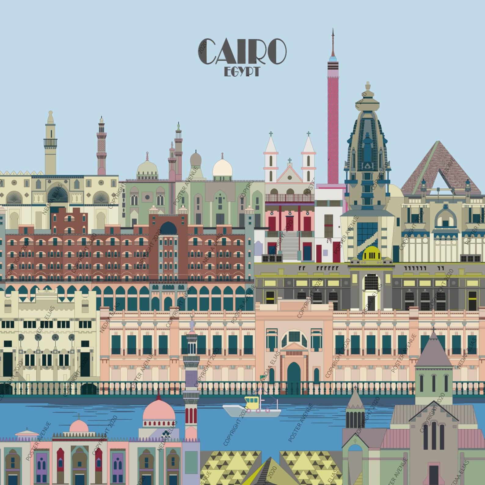 Cairo Egypt Travel Poster City Print Mosque Illustration - Etsy