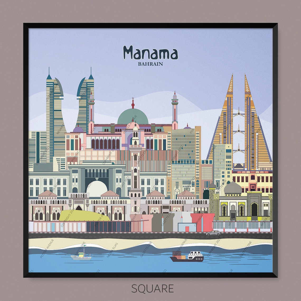 Manama Travel Poster Bahrain City Print Mosque Sketch - Etsy