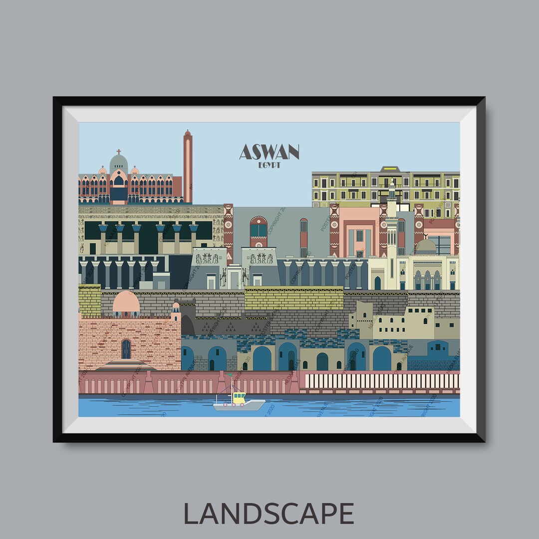 Aswan, Egypt, Travel Poster, City Print, Mosque Drawing, Pharos Temple ...