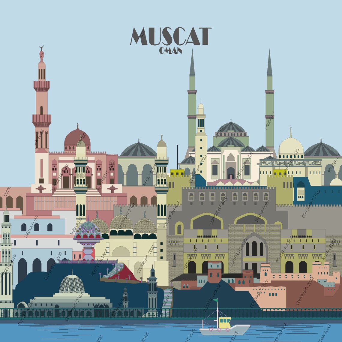 Muscat Oman Travel Poster City Print Mosque Drawing Opera | Etsy
