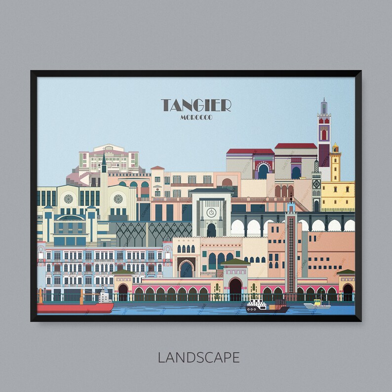 Tangier, Morocco, Travel Poster, City Print, Train Drawing, Mosque ...