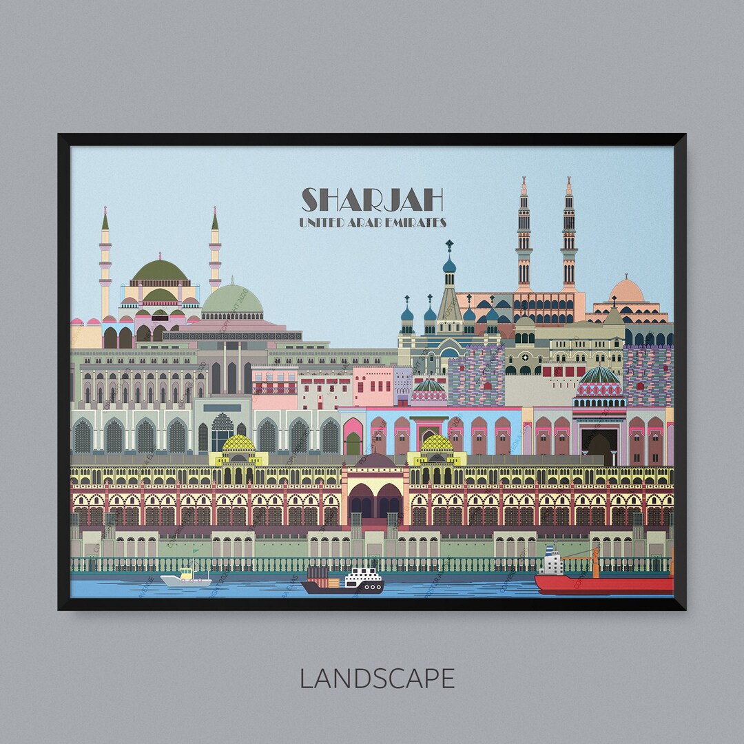 Sharjah, UAE, Travel Poster, City Print, Museum Illustration, Mosque ...