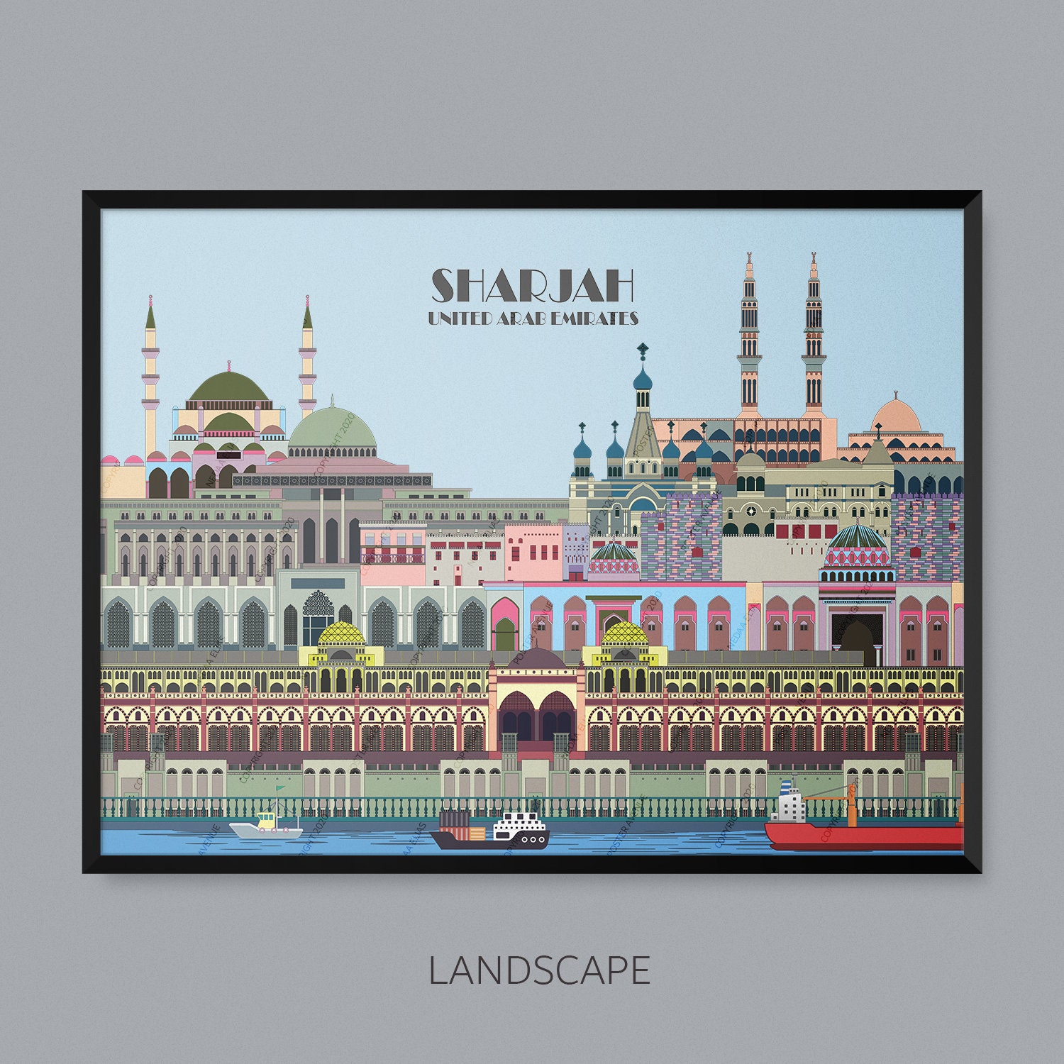 Sharjah, UAE, Travel Poster, City Print, Museum Illustration, Mosque ...