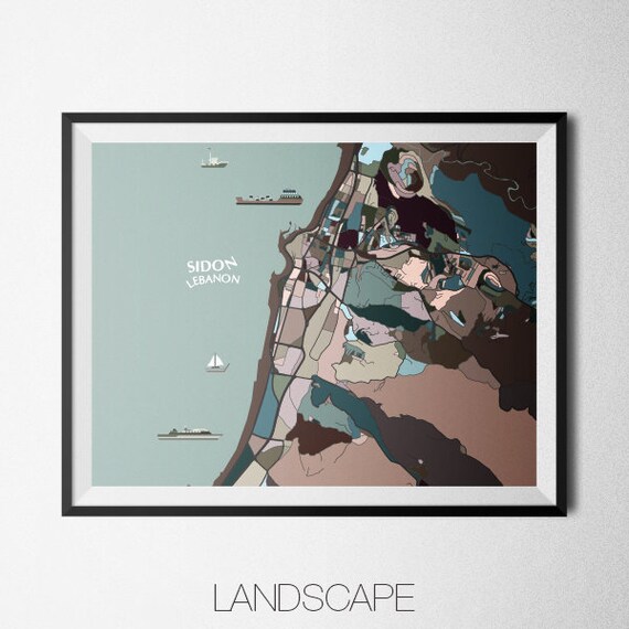 Sidon Lebanon Map Print Modern Contemporary Chroma Color | Etsy