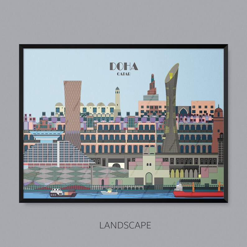 Doha Qatar Travel Poster City Print Tower Drawing Museum - Etsy