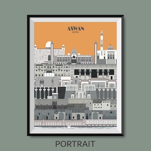 Aswan, Egypt, Travel Poster, City Print, Mosque Drawing, Pharos Temple ...