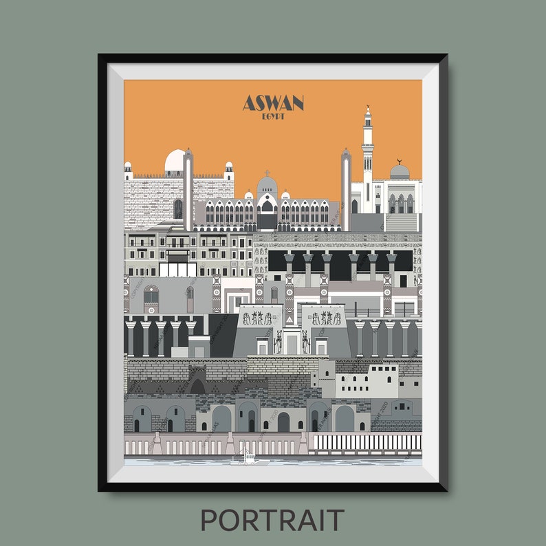 Aswan Egypt Travel Poster City Print Mosque Drawing | Etsy