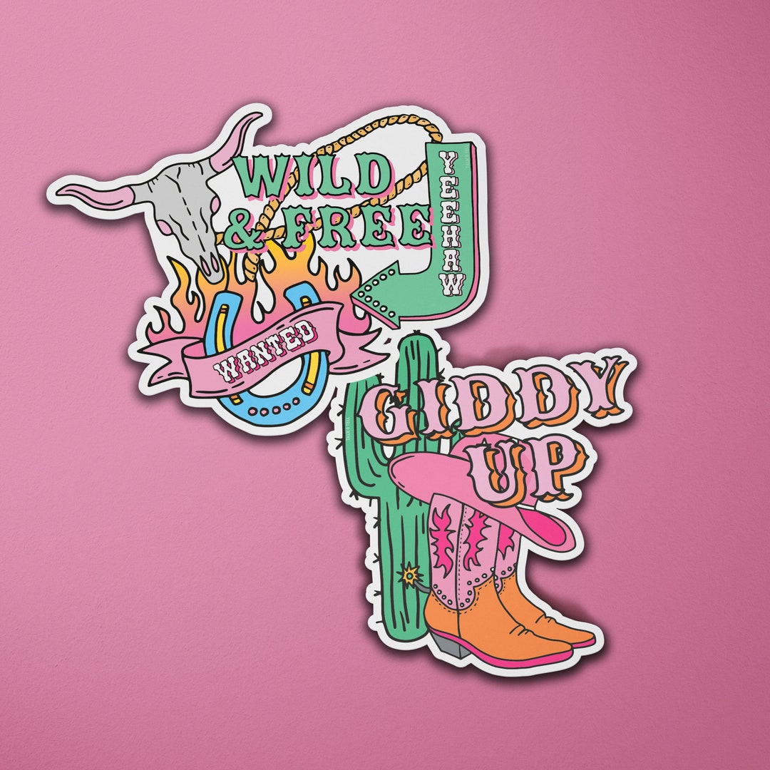 2 Western Themed Vinyl Stickers | Cowboy Hat Boots | Cactus | Giddy up ...