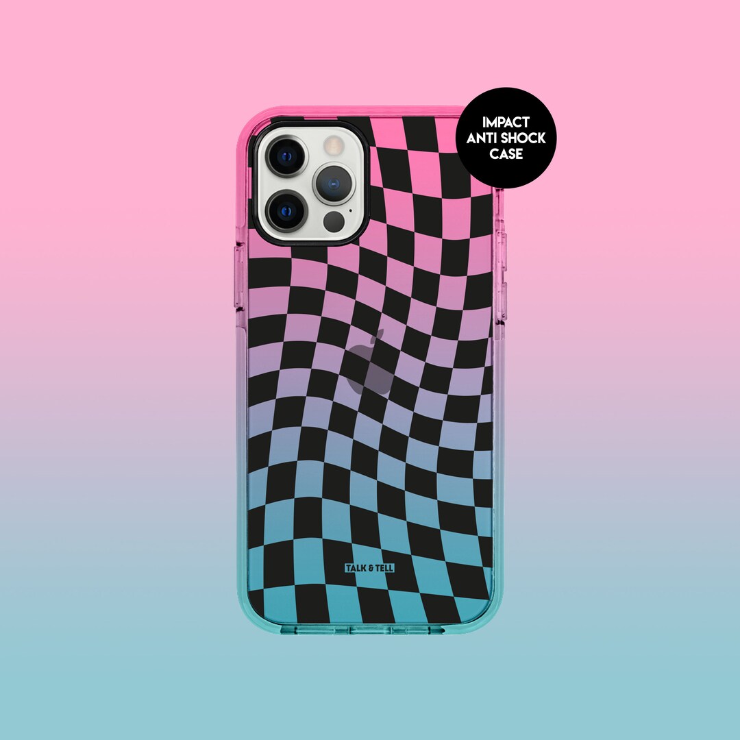 Gradient Blue Pink Checkered Impact iPhone Case | Anti Shock | Tough ...