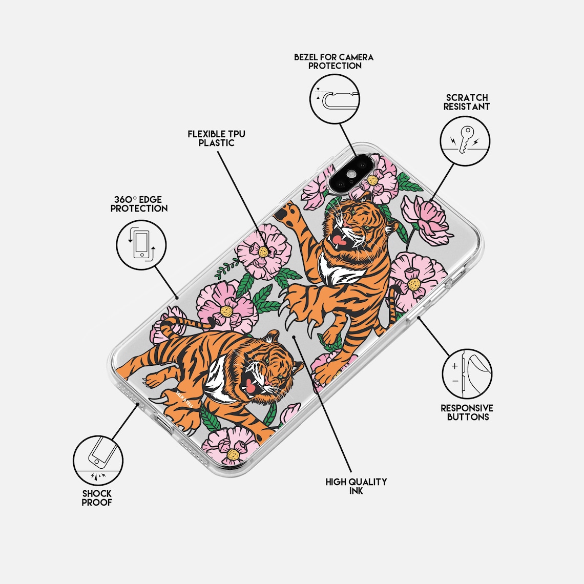 Peony Tiger Iphone Case Bengal Tiger Animal Peony Flower | Etsy UK