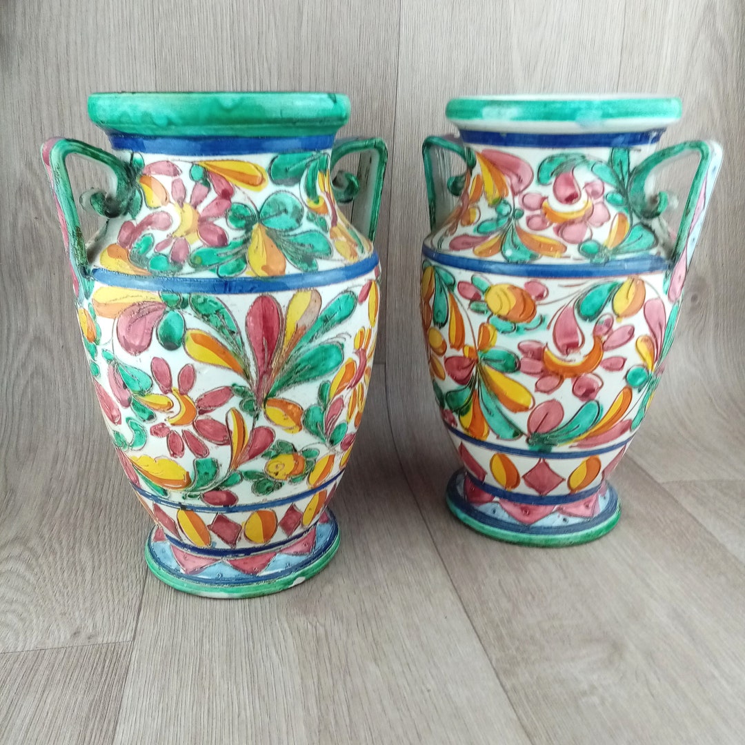 Vintage Italian Sgraffito Incised Vases, Sgraffito Decorated, Colourful ...