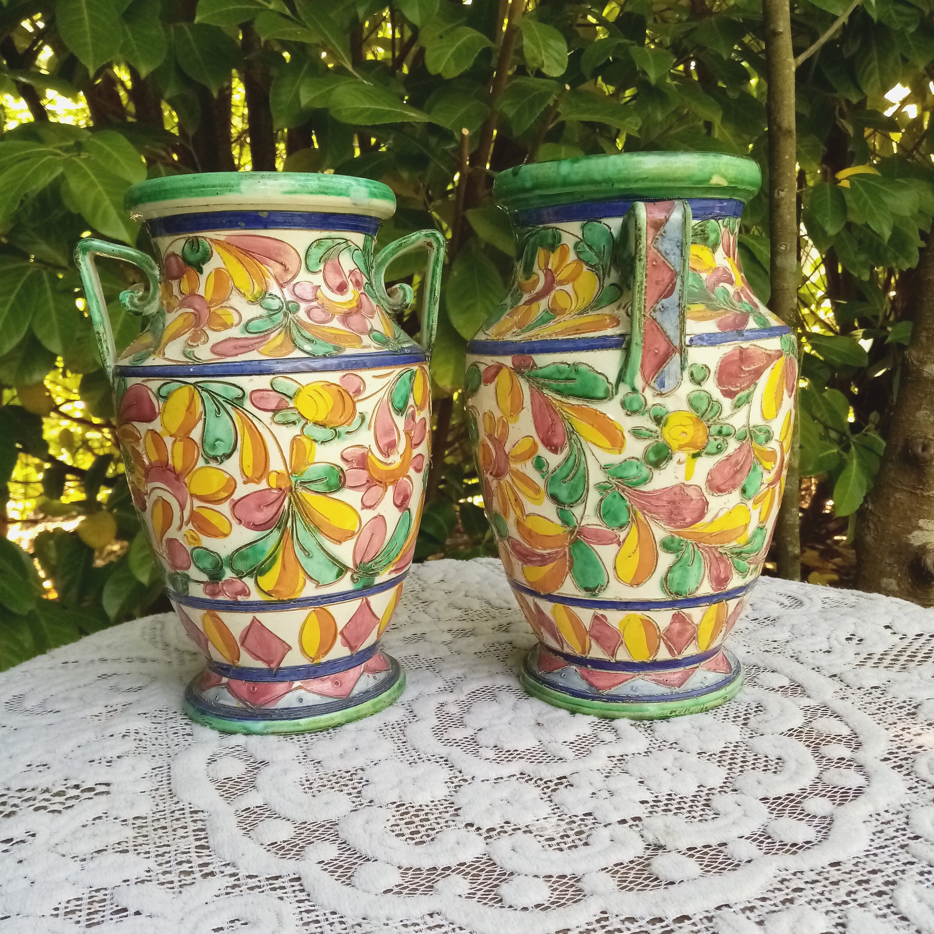 Vintage Italian Sgraffito Incised Vases, Sgraffito Decorated, Colourful ...