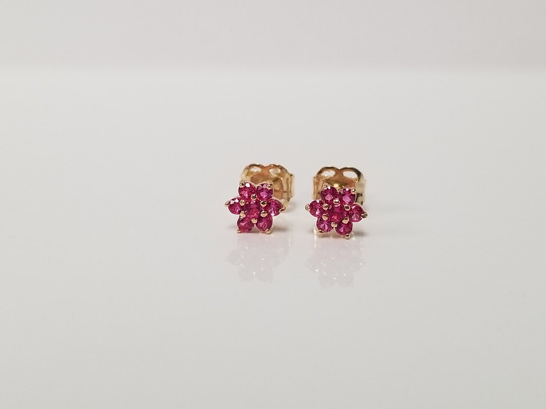 14k Ruby Flower Earrings // Solid 14k Gold. Lab Created Cluster Ruby ...