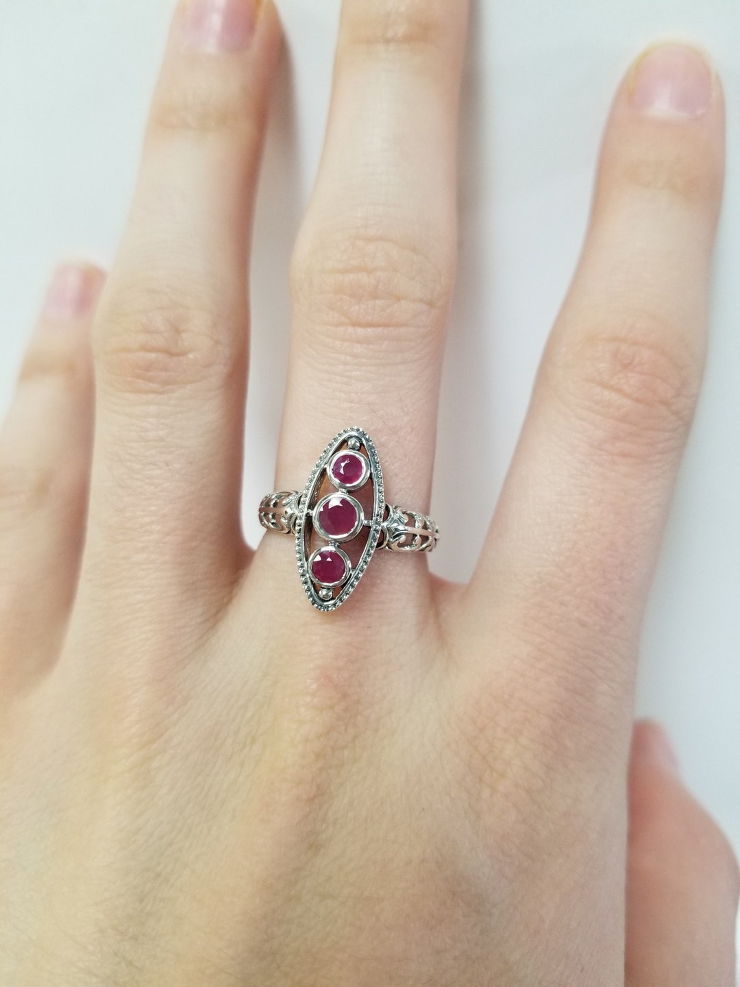Triple Ruby Ring // Solid 925 Sterling Silver. Pink Stone Vintage Ring ...