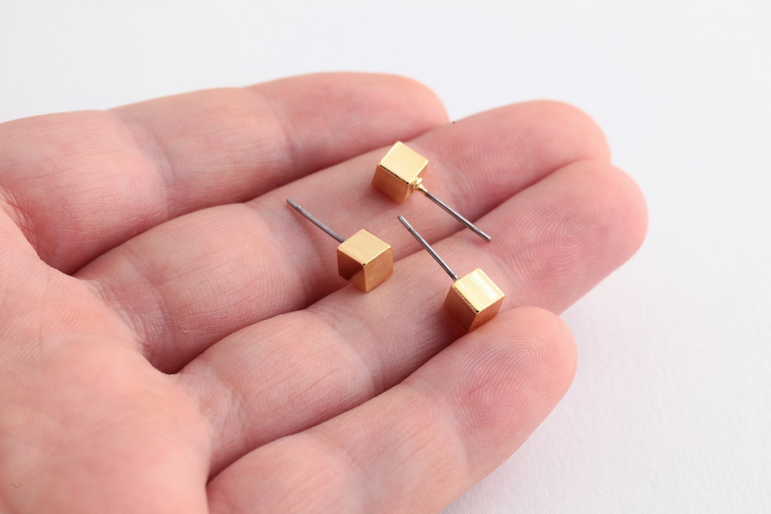 5mm 24k Shiny Gold Cube Earrings, Cube Stud Earrings, Minimalist ...