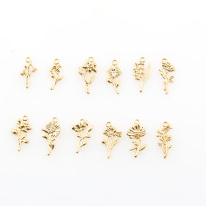 Gold Birth Flower Charm, 24k Shiny Gold Plated Tiny Birth Flower ...
