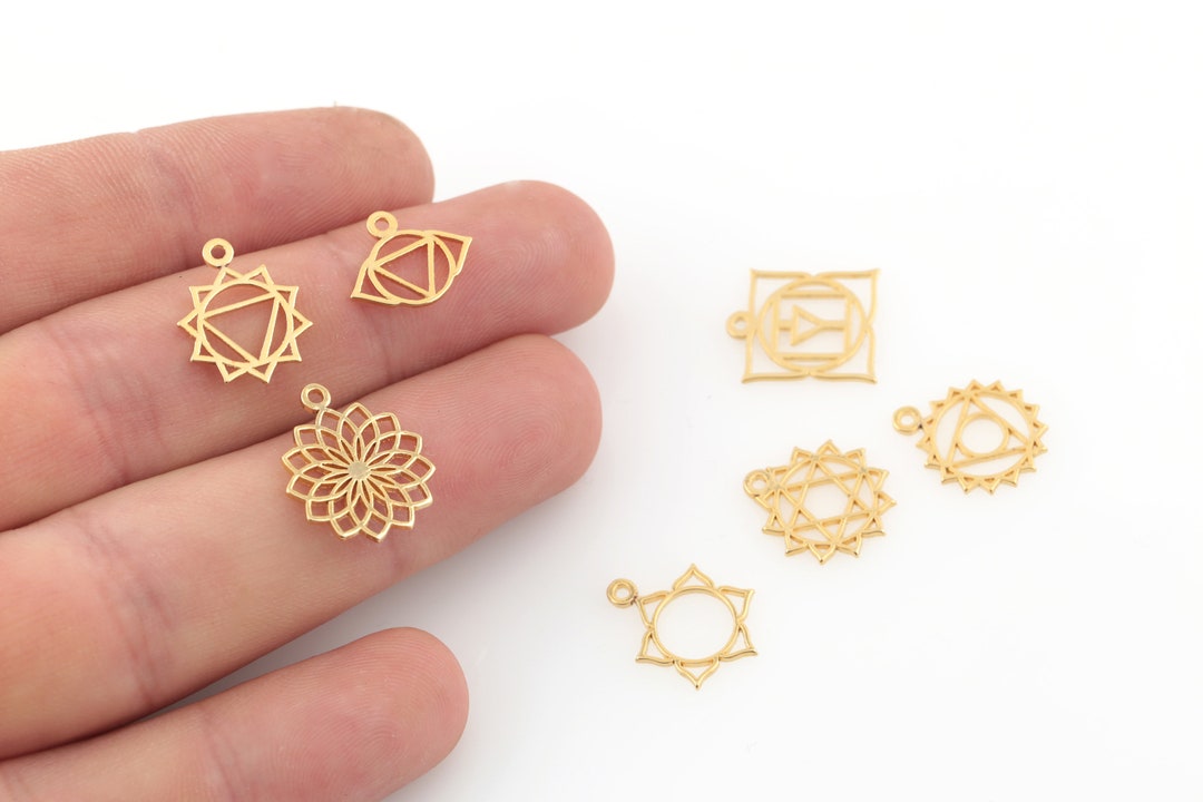 7 Chakra Charm Set Symbol, Gold Plated Yoga Pendant, Energy Wheel Charm ...