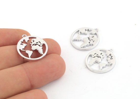20x22mm Rhodium Plated World Map Pendantearth Pendant World - Etsy