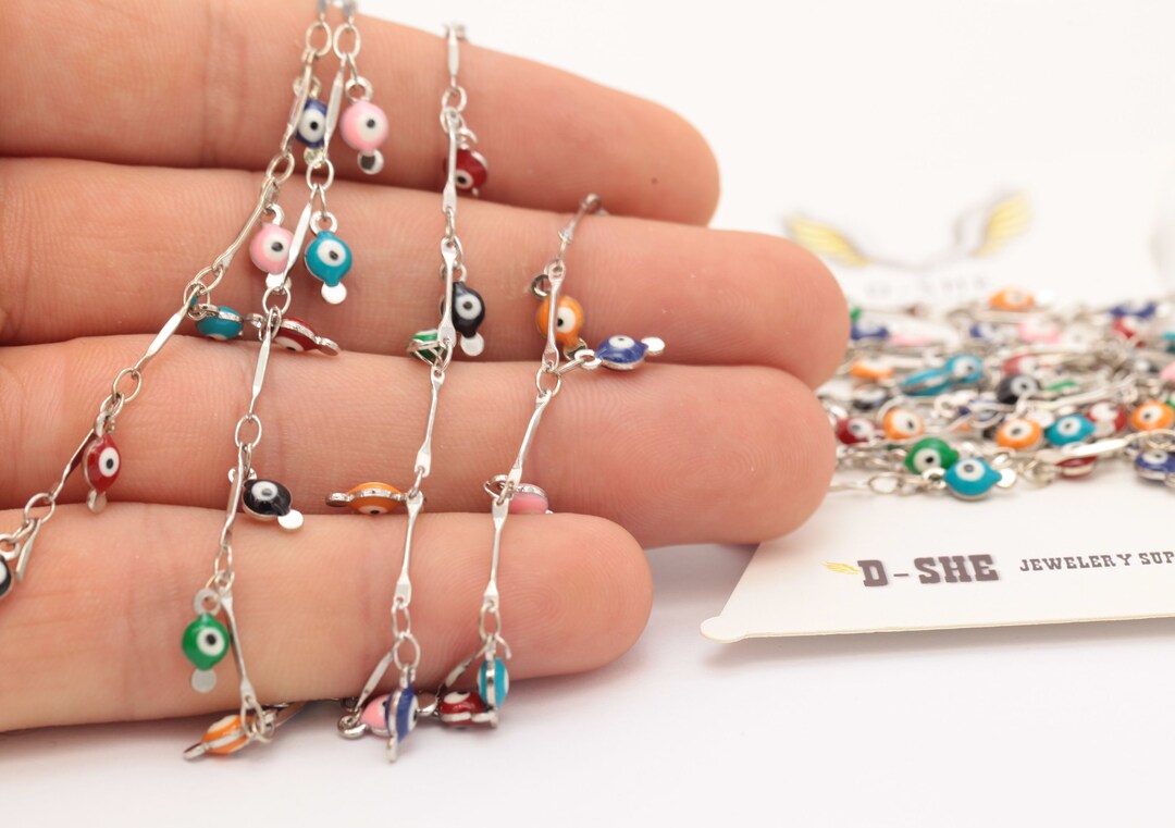 3.3 Feet Silver Plated Evil Eye Chains, Circle Chains , Drop Bar Chains ...