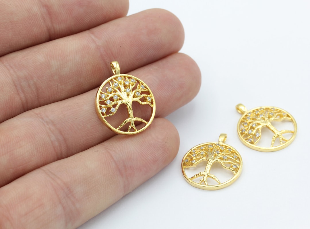 1 Pcs 24k Shiny Gold Pendant, Tree of Life Pendant ,pave Round Pendant ...