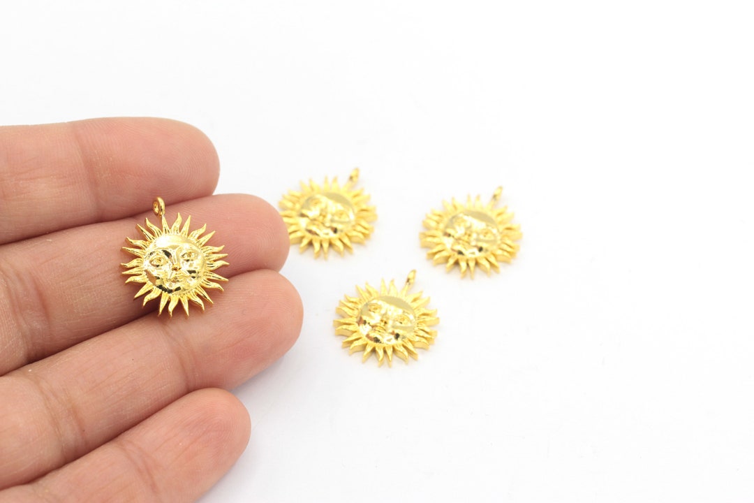 15x18mm Sun Face Charms, 24k Shiny Gold Plated Necklace Pendant , Tiny ...