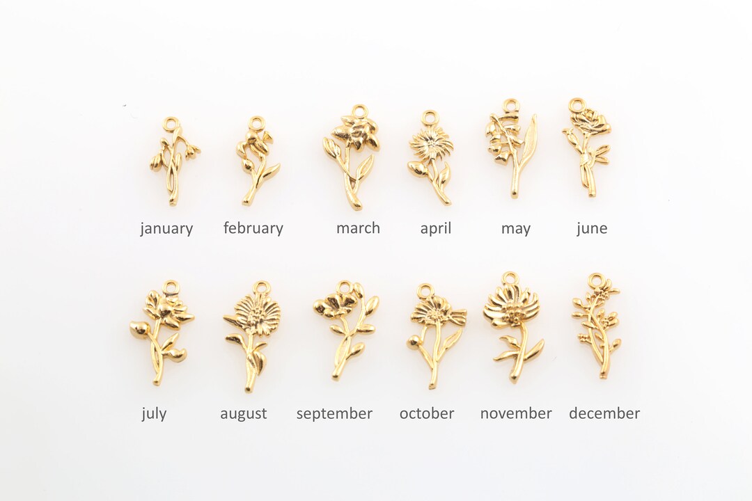 Gold Birth Flower Charm, 24k Shiny Gold Plated Tiny Birth Flower ...