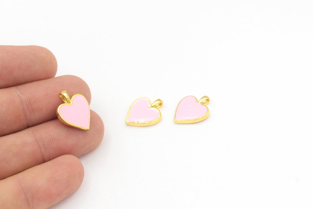 14x17mm 24k Shiny Gold Heart, Pink Enameled Pendant, Mini Hearts Charms ...