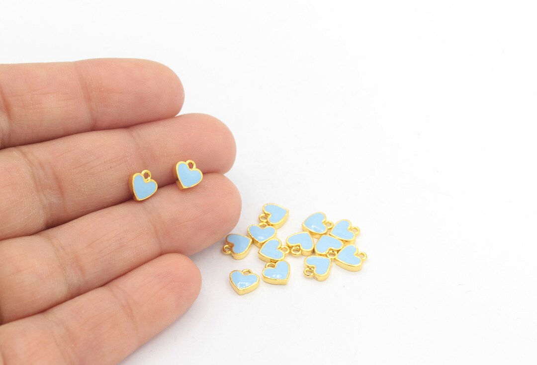 6 Mm 24k Shiny Gold Heart, Blue Enameled Pendant, Mini Hearts Charms ...