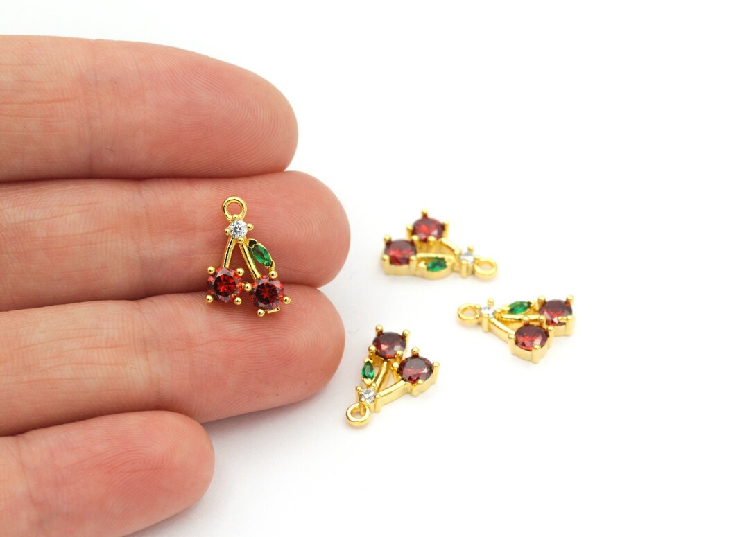 24k Shiny Gold Plated Cherry Charms , Gold Cherry Pendant, Cz Fruit ...