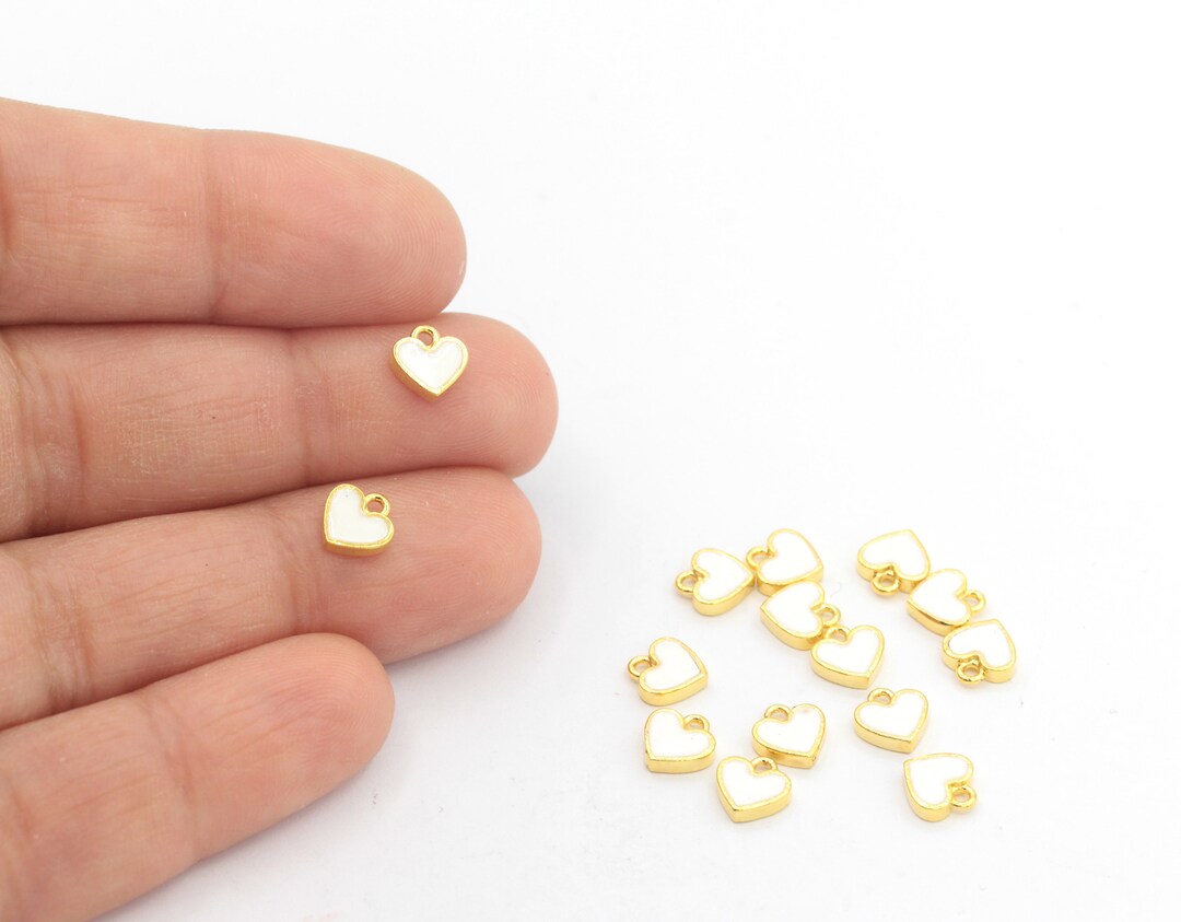 6 Mm 24k Shiny Gold Heart, White Enameled Pendant, Mini Hearts Charms ...