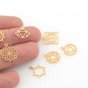 7 Chakra Charm Set Symbol, Gold Plated Yoga Pendant, Energy Wheel Charm ...