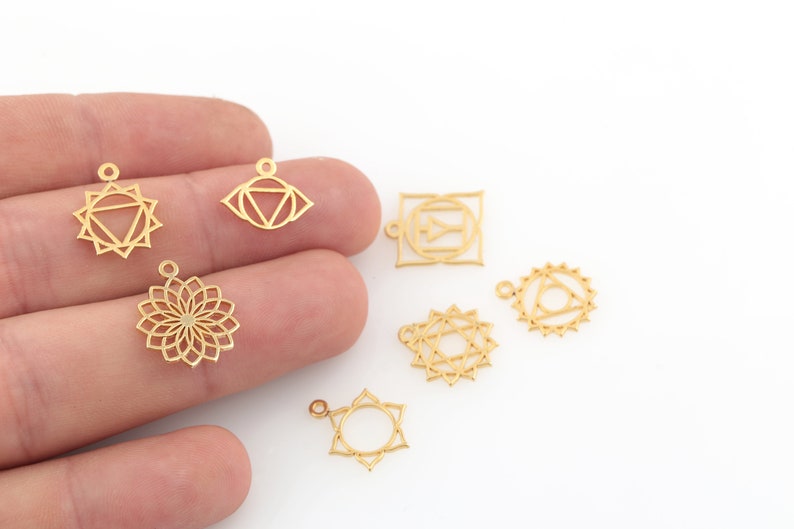 7 Chakra Charm Set Symbol, Gold Plated Yoga Pendant, Energy Wheel Charm ...