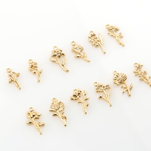 Gold Birth Flower Charm, 24k Shiny Gold Plated Tiny Birth Flower ...