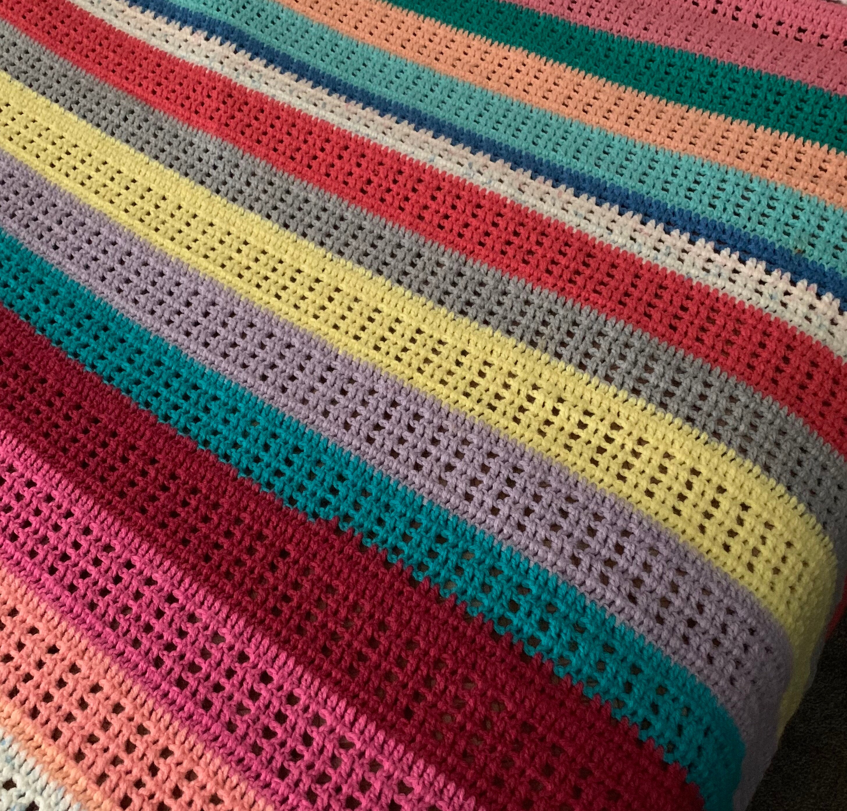 Vintage Large Mcm Handmade Multicolour/striped Crochet Afghan - Etsy