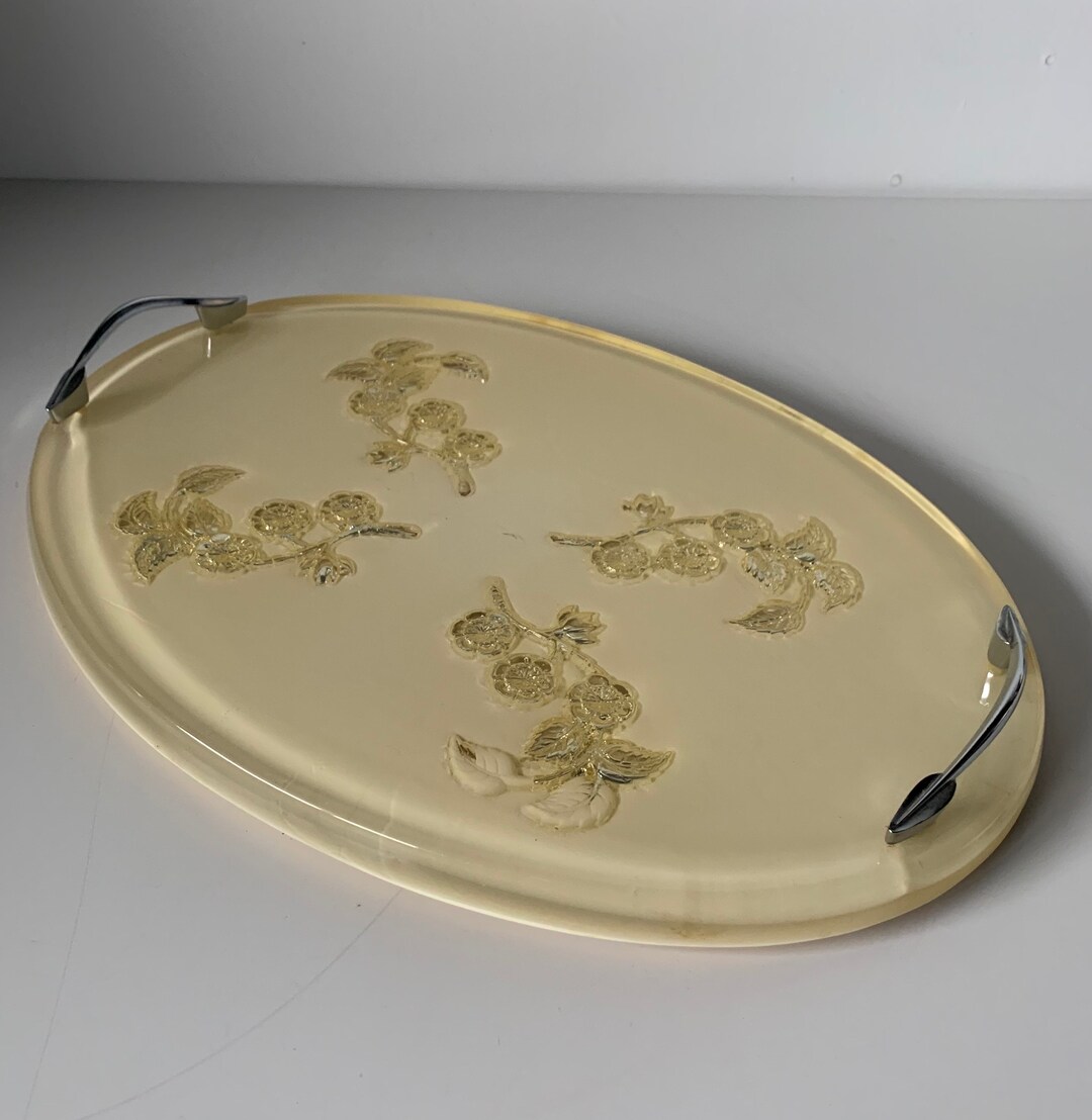 Vintage Mcm Oval Floral Lucite Tray With Handles Crystalene Collection ...