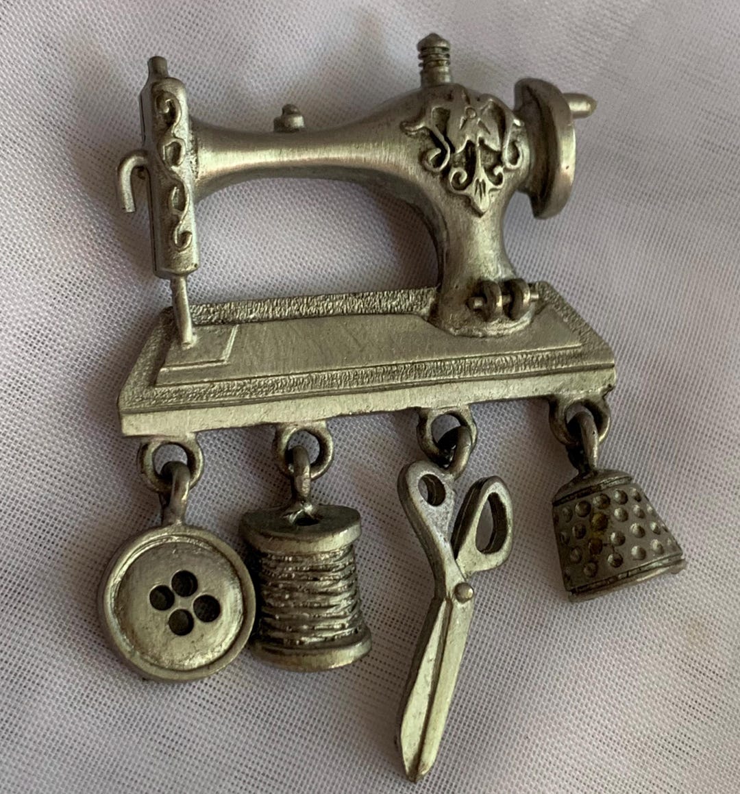 Vintage Chelsea Pewter Sewing Machine Brooch With Dangle Charms - Etsy