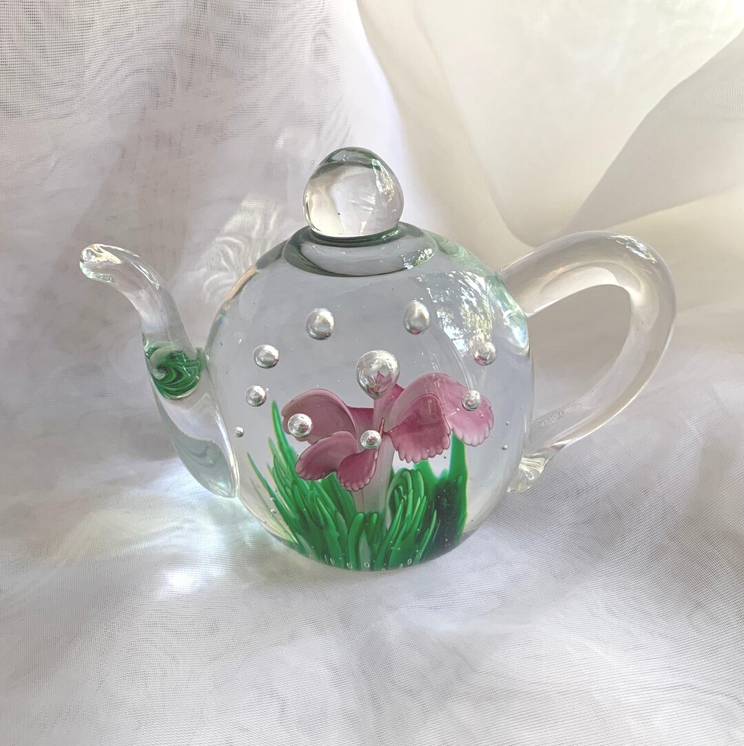 Vintage Controlled Bubble Art Glass Pink Flower Teapot Paperweight ...