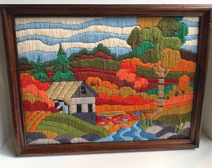 Vintage Wood Framed Crewel Embroidery Landscape Country Autumn Scene ...