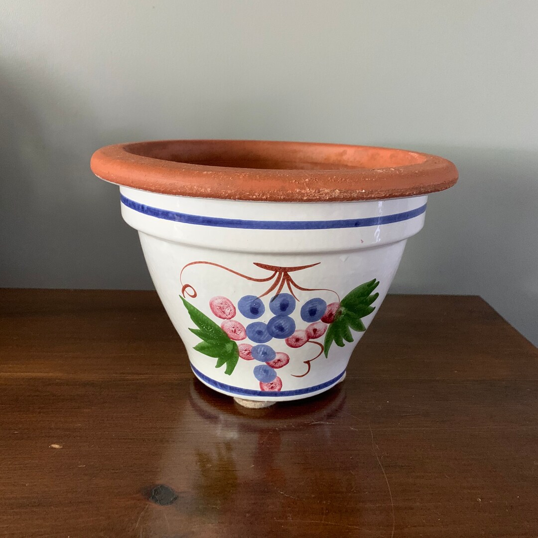 Vintage Hand Painted Glazed Terracotta Flower/plant Pot - Grape Pattern ...
