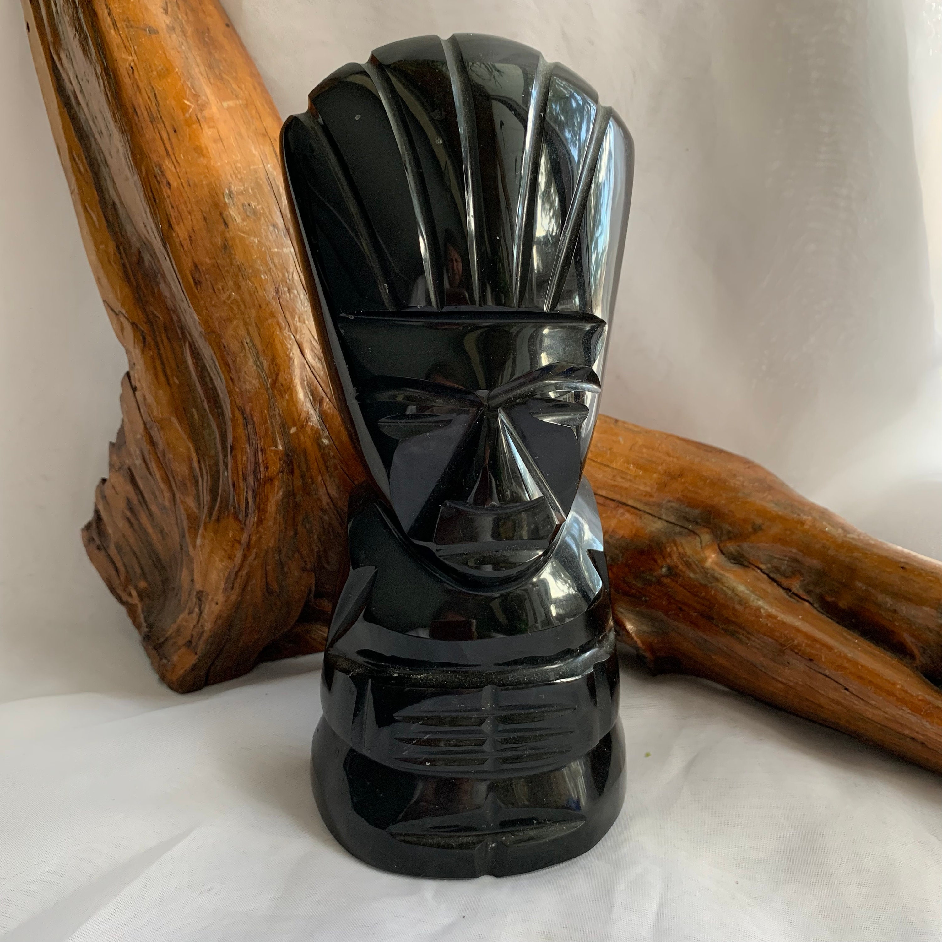 Vintage Mexico hand carved shimmery obsidian Aztec Maya God sculpture ...