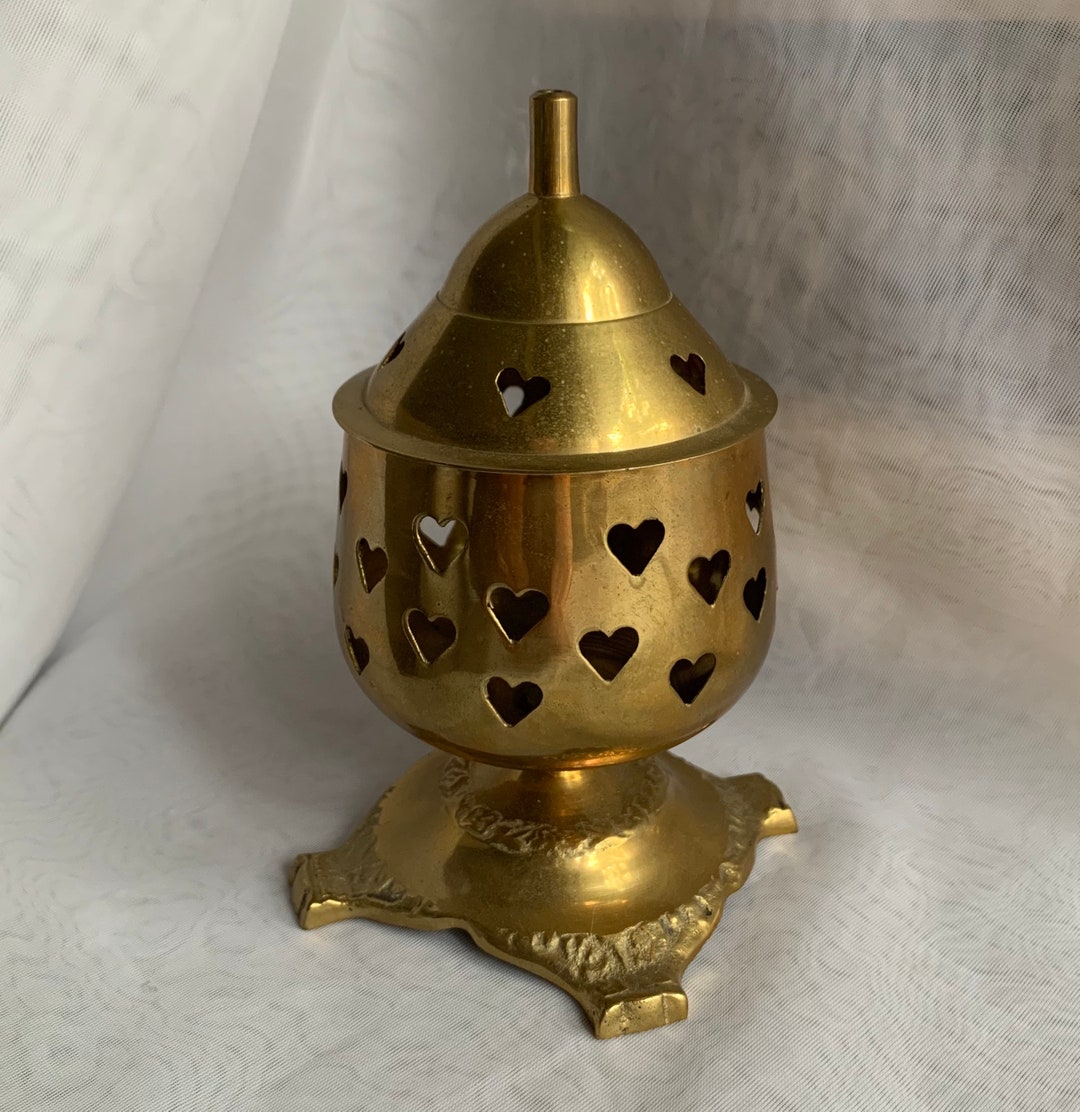 Vintage Brass Lidded Pedestal Tea-light/cone Incense Burner With Heart ...