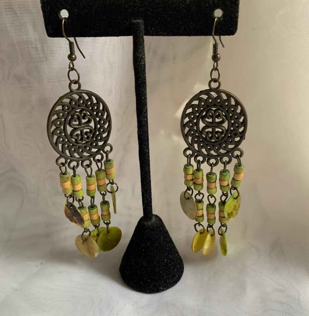 Vintage Bohemian Bead/mop Shell Chandelier Ear Wire Earrings - Etsy