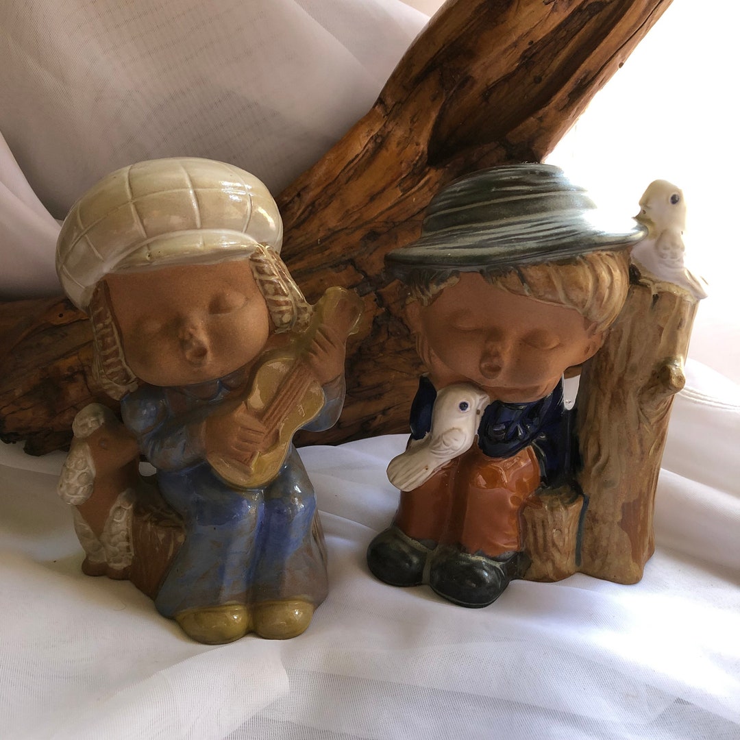 Vintage Glazed Red Clay/stoneware Pottery Boy and Girl Pair Figurines ...