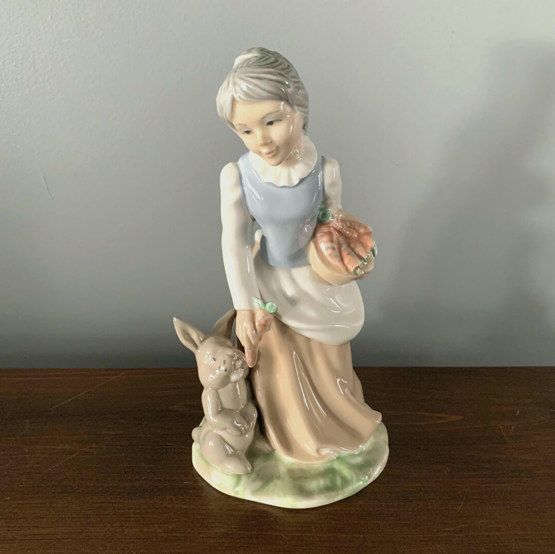 Vintage Tengra Valencia Porcelain Girl Feeding Rabbit Figurine - Made ...