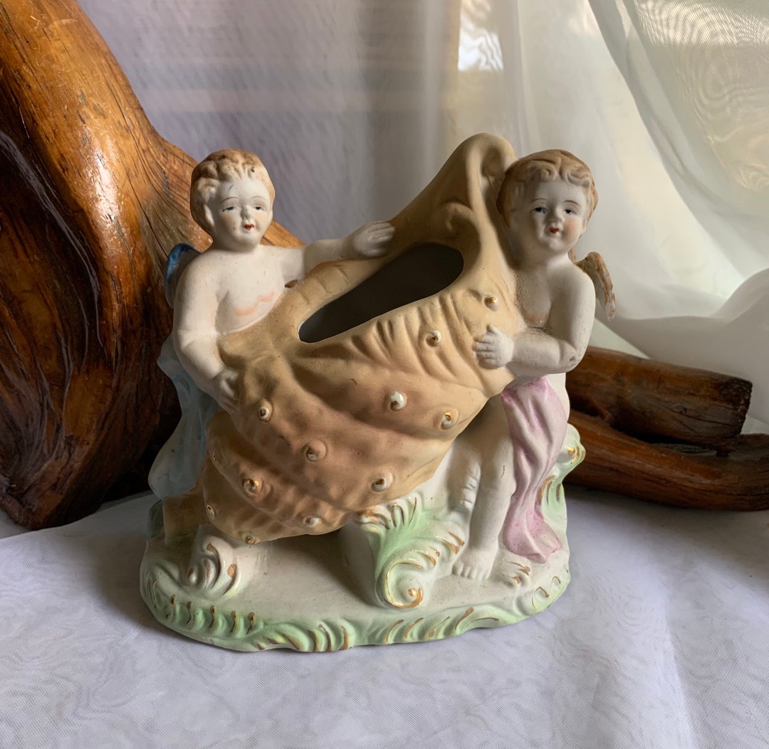 Vintage Bisque Porcelain Cherub/angel Conch Shell Planter/vase - Etsy
